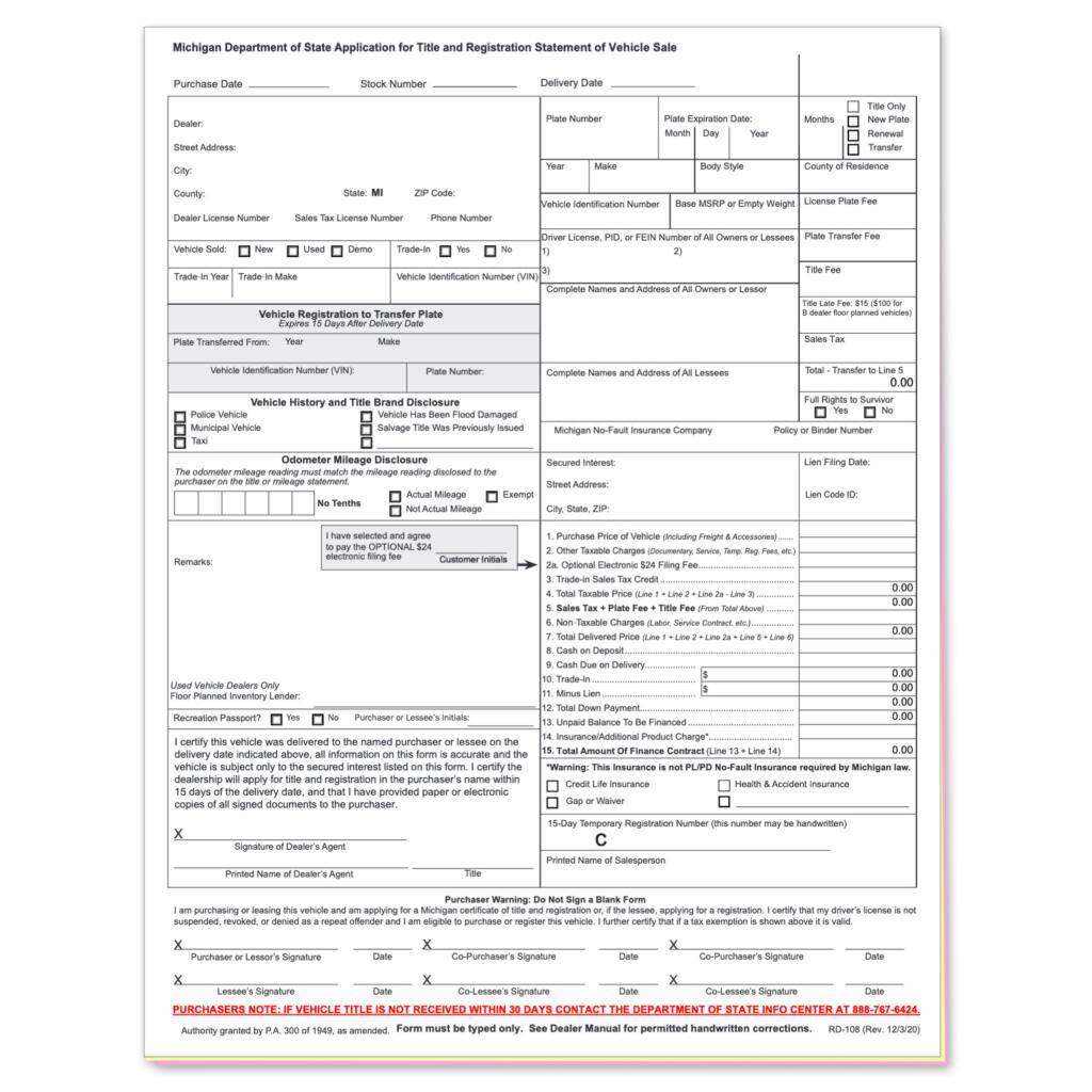 Application For Michigan Title - Powersports Dealer Supply