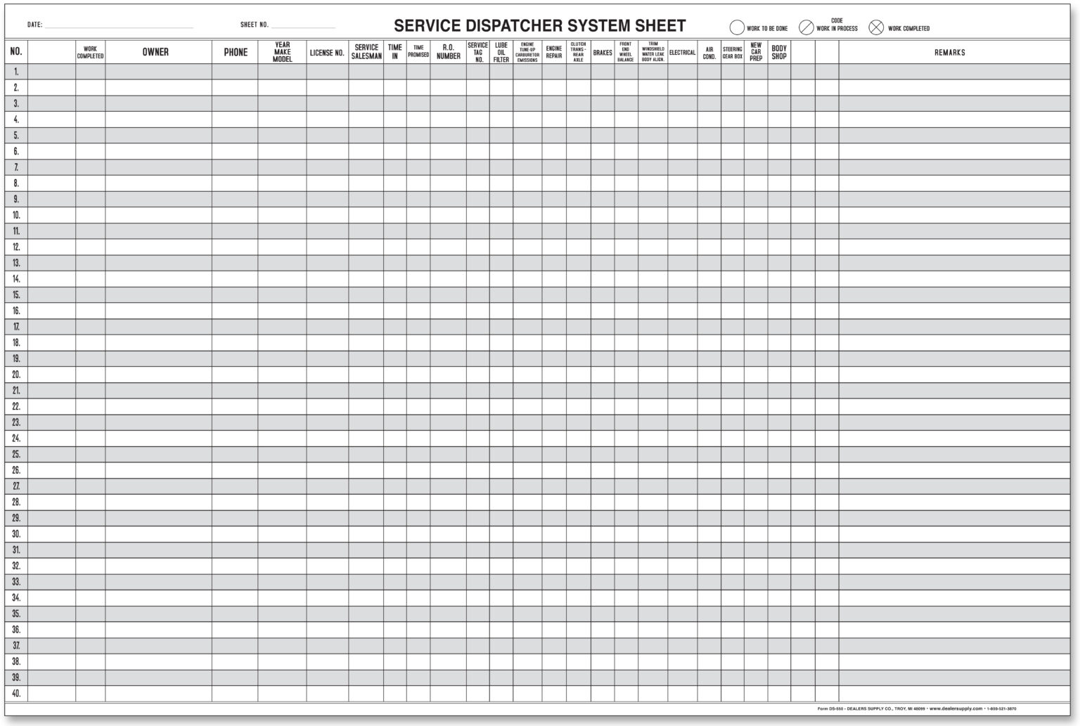 Service Dispatcher Sheets - Powersports Dealer Supply