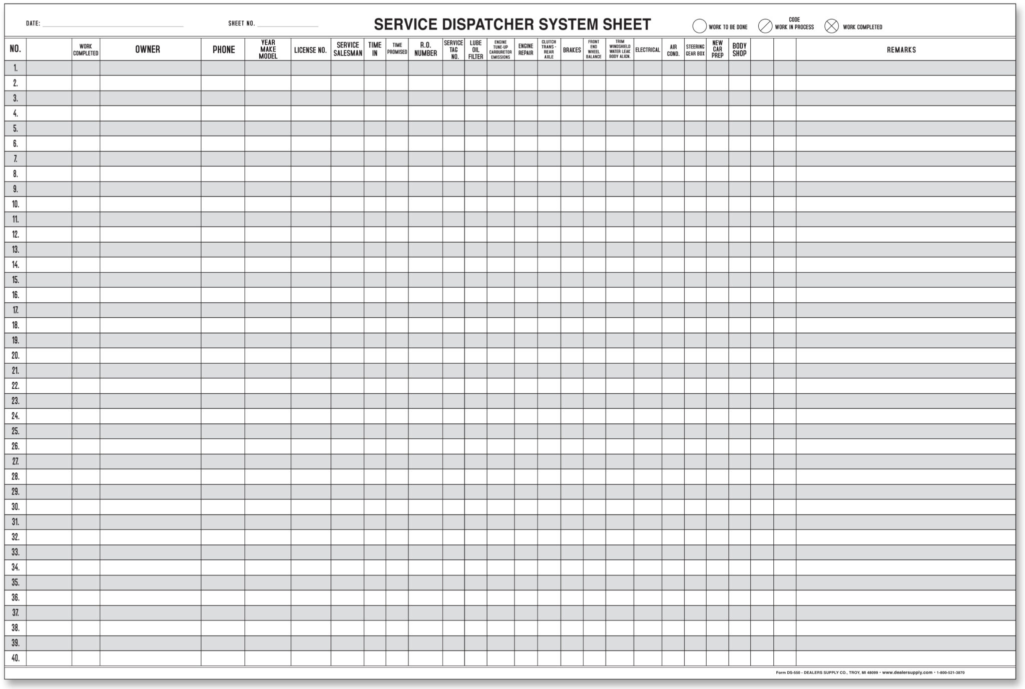 Service Dispatcher Sheets - Powersports Dealer Supply