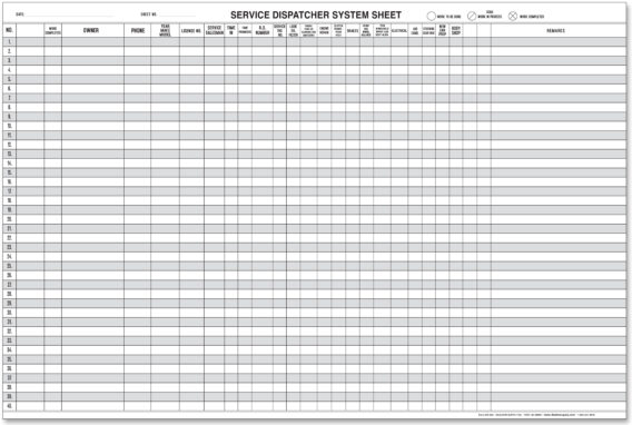 Service Dispatcher Sheets - Powersports Dealer Supply