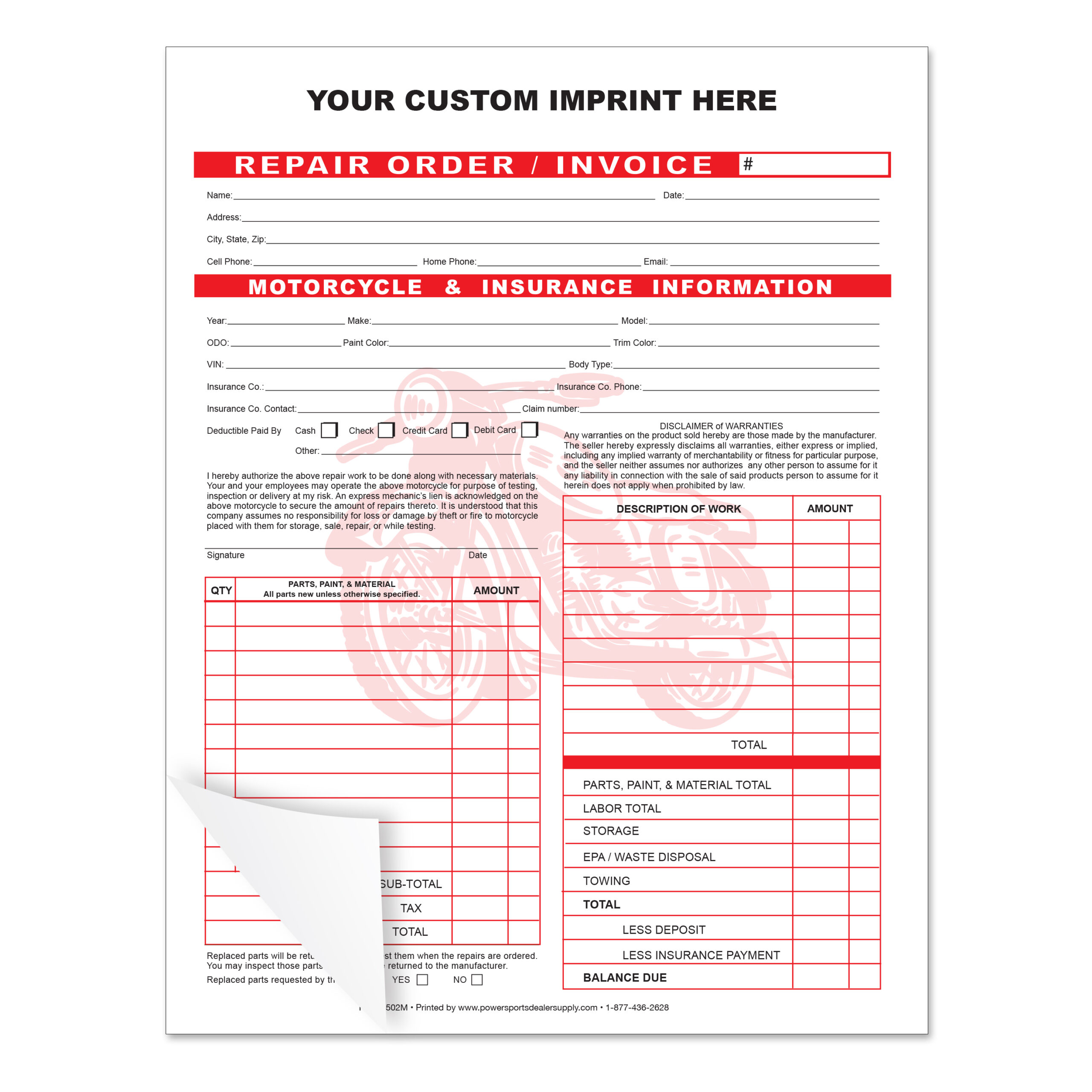 Repair Order Forms - Powersports Dealer Supply