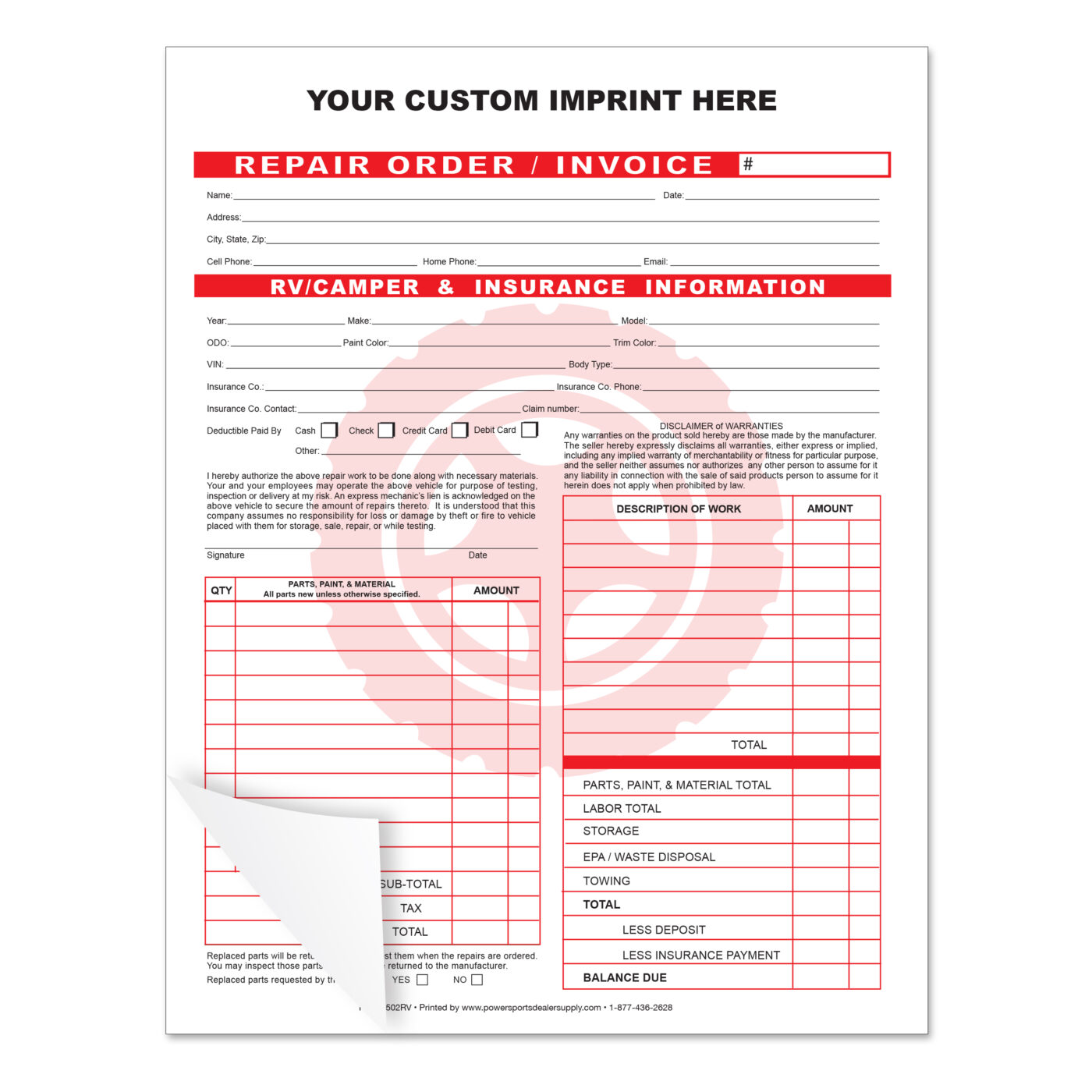 Repair Order Forms - Powersports Dealer Supply